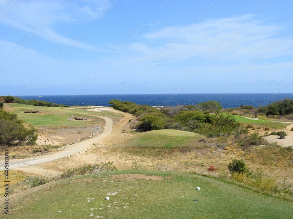 Tropical golf course landscape, t-off area with the ocean in the ...