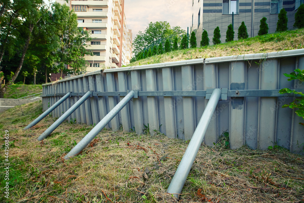 Steel sheet piles retaining wall structure. Sheet piling wall series of ...