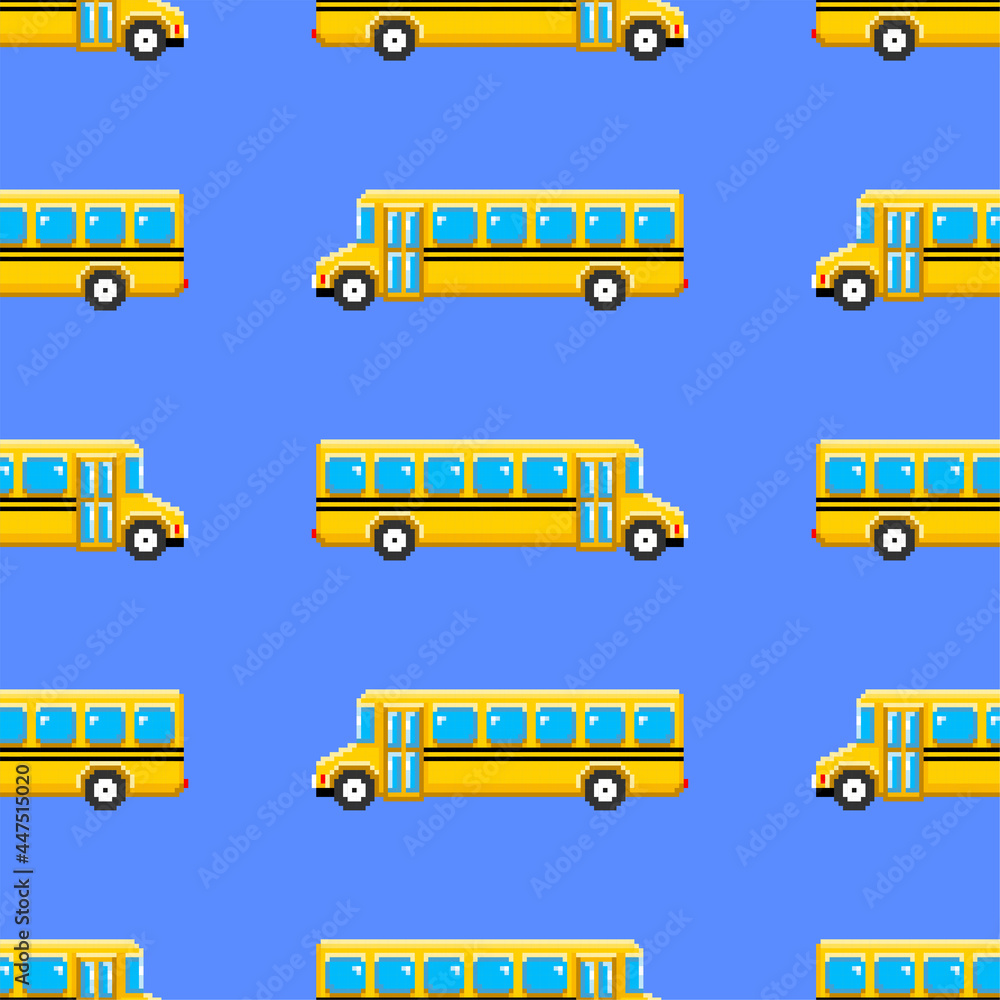 Back to school pixel art seamless pattern. Yellow school bus in style ...
