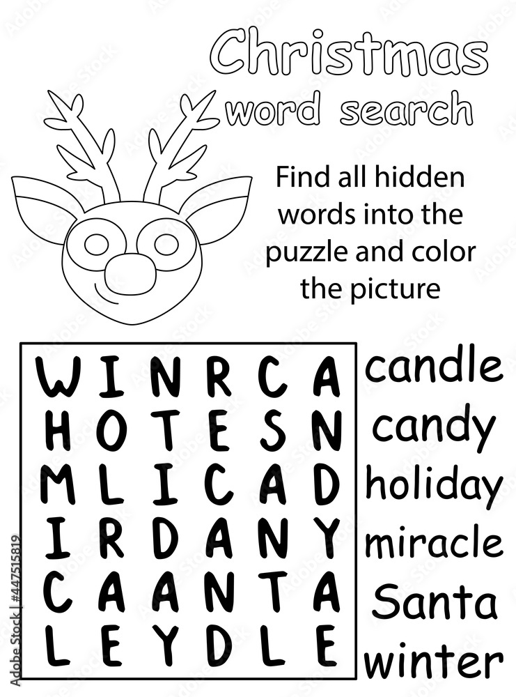 Christmas word search puzzle black and white vector illustration. Find ...