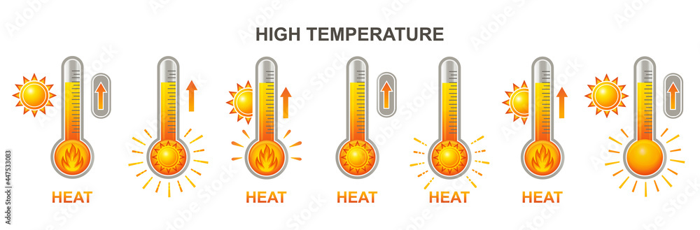 Heat thermometer or extreme high hot temperature icon set. Warm weather ...