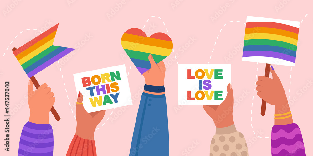 Different hands holding colorful banners at Pride Month. Flat vector ...