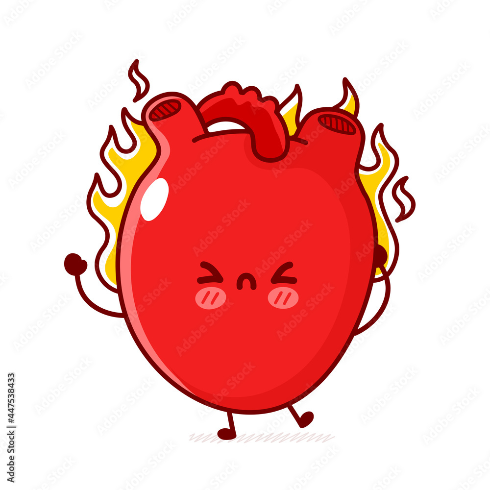 Cute funny sad human heart organ burn in flame. Vector flat line doodle ...