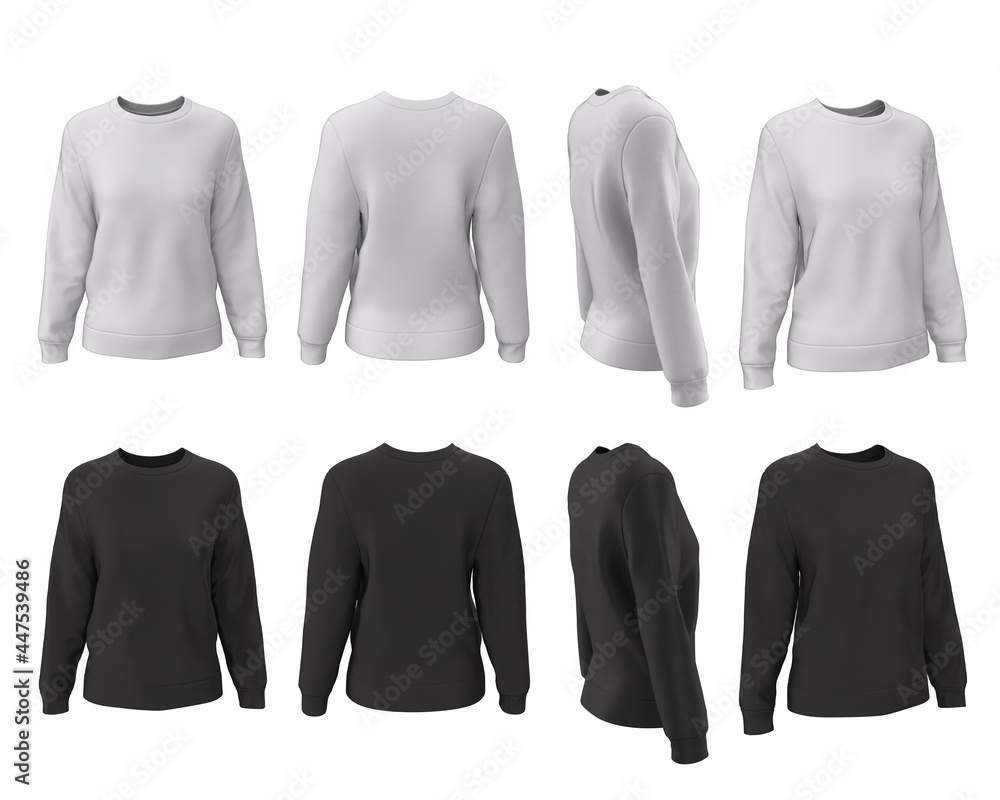 Female isolated sweatshirt in black and white color. 3d realistic mock ...