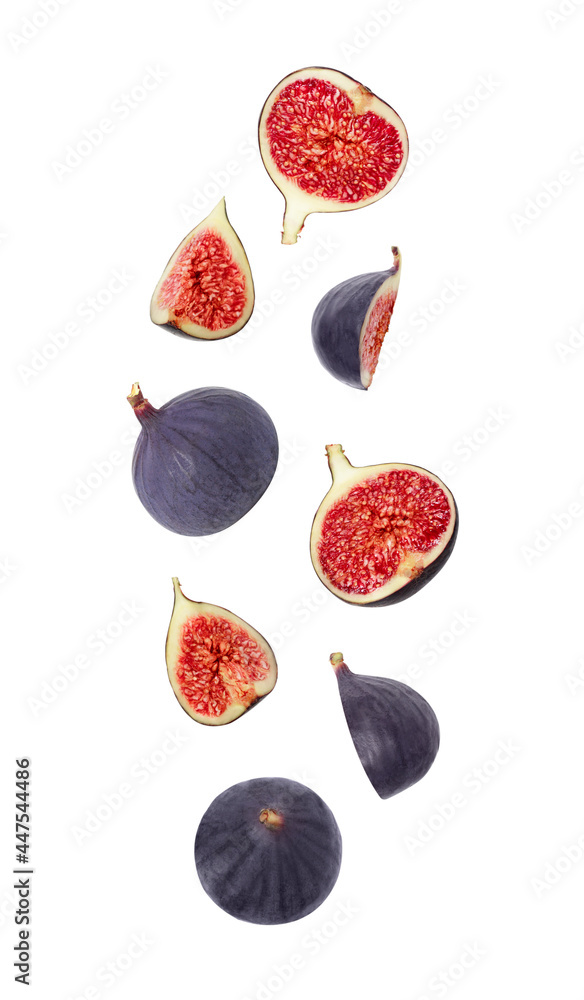 Falling figs isolated on a white background. Flying fruits for ...