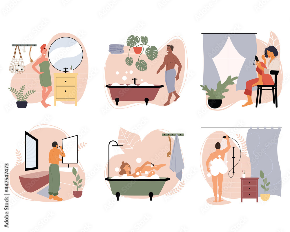 Vetor de Set of vector illustrations with people doing hygiene and ...