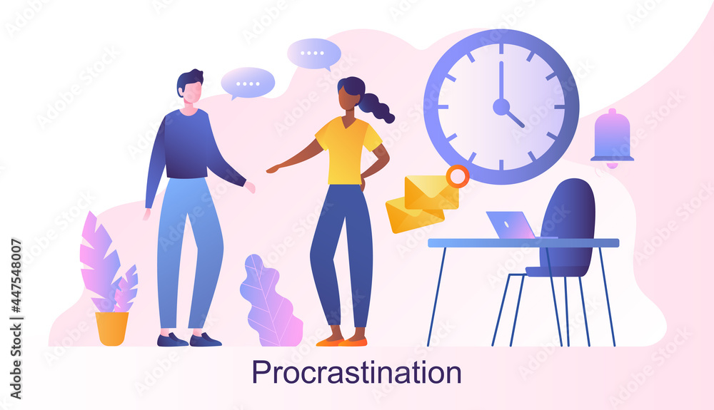 Young male and female characters are procrastinating together. Concept ...