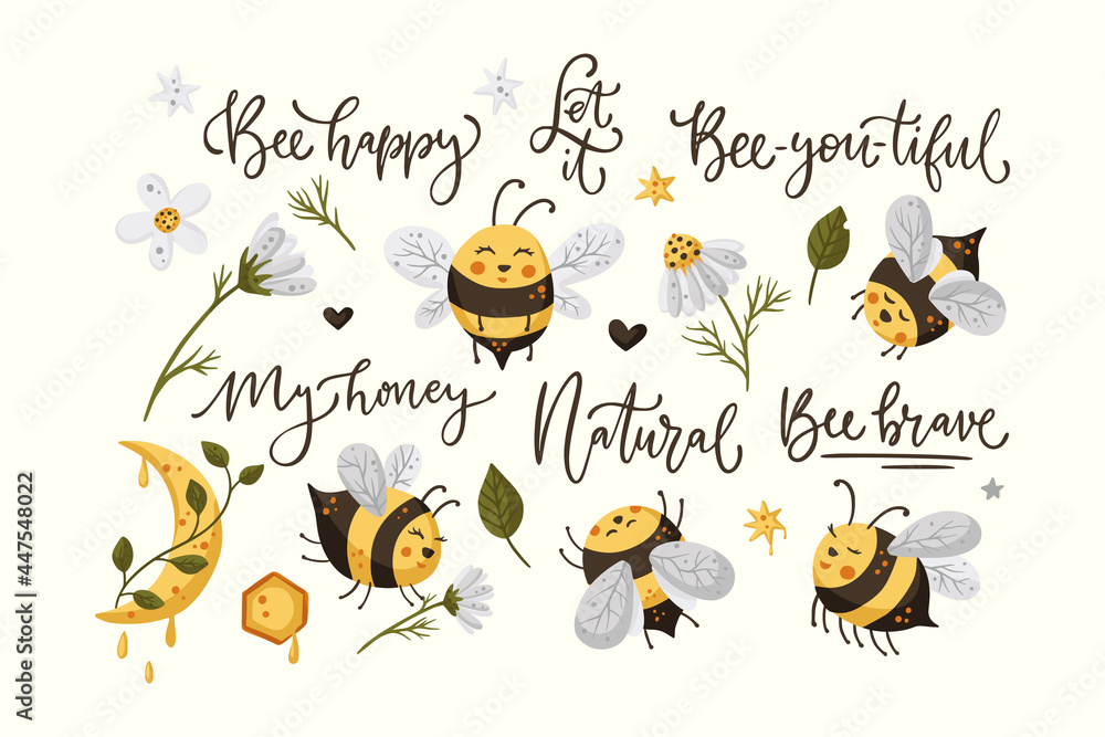 Cute honey bee funny illustration set. Cartoon vector happy summer ...