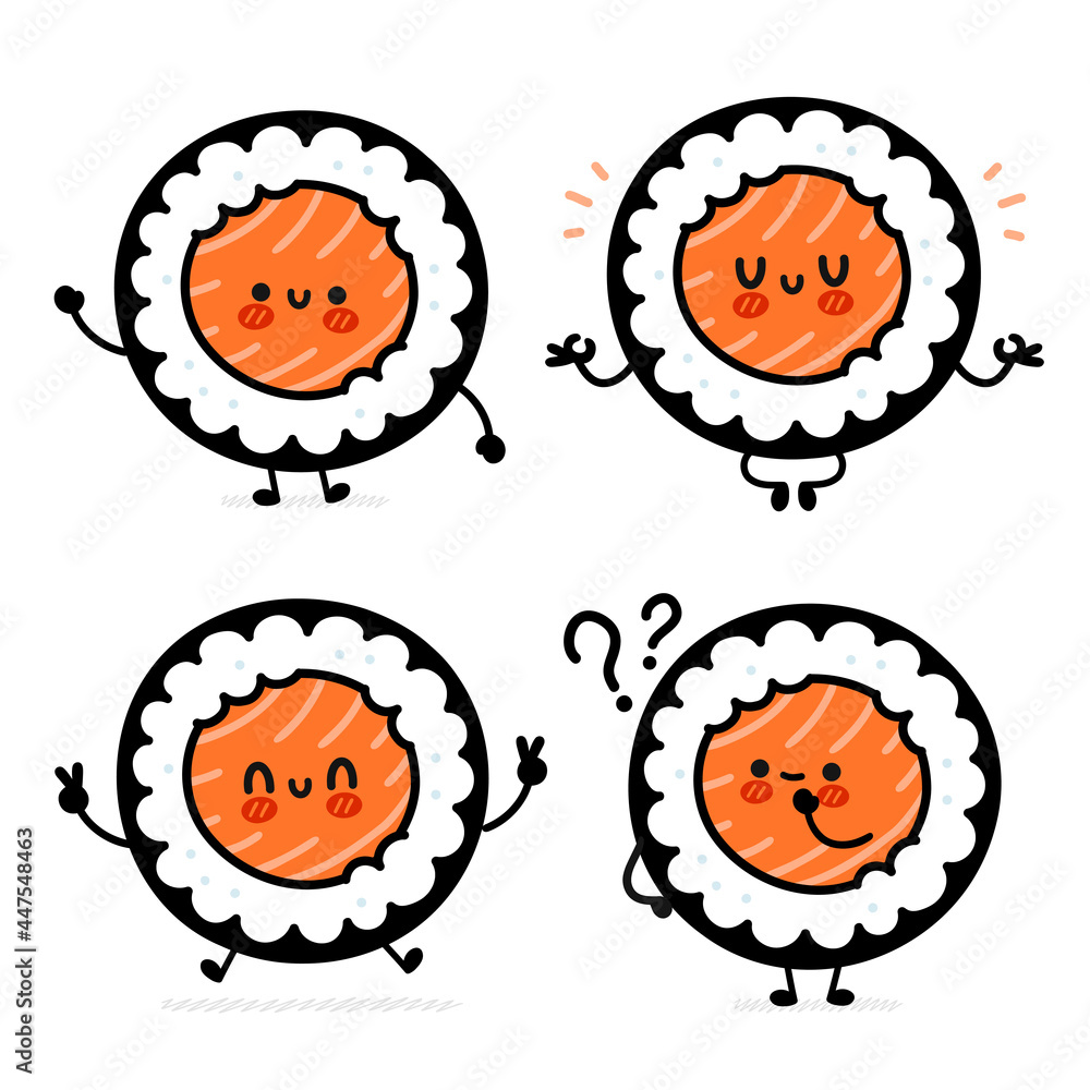 Cute funny sushi roll character meditate set collection. Vector flat ...