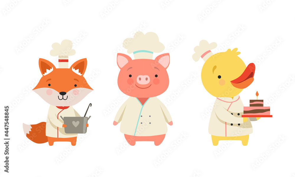 Cute Animal Chefs Characters Set, Fox Cub, Piglet, Duckling in Uniform ...