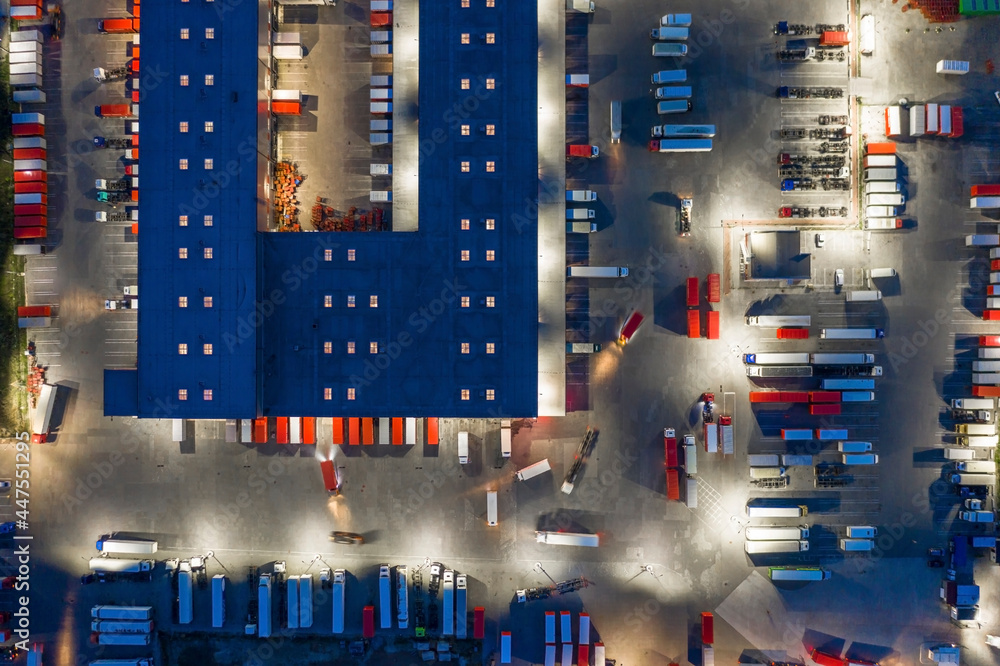 Aerial top down view of a logistics park with a loading hub. A lot of ...