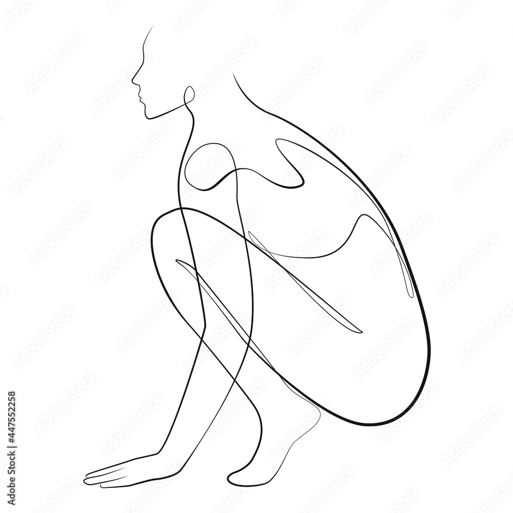 Squatting woman silhouette one line drawing on white isolated ...