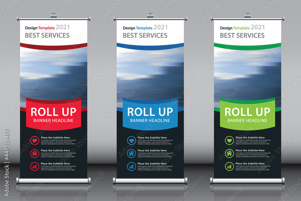 Roll up vertical standee banner design template vector with image and 3 ...