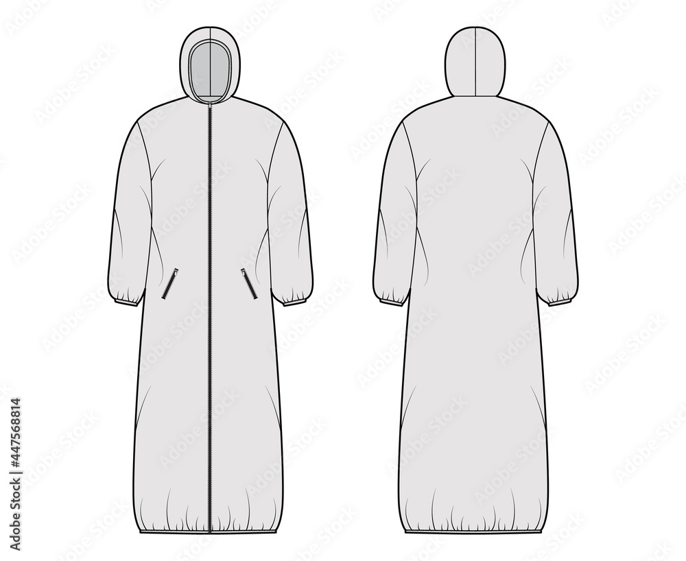 Hooded padded shell coat jacket puffer technical fashion illustration ...