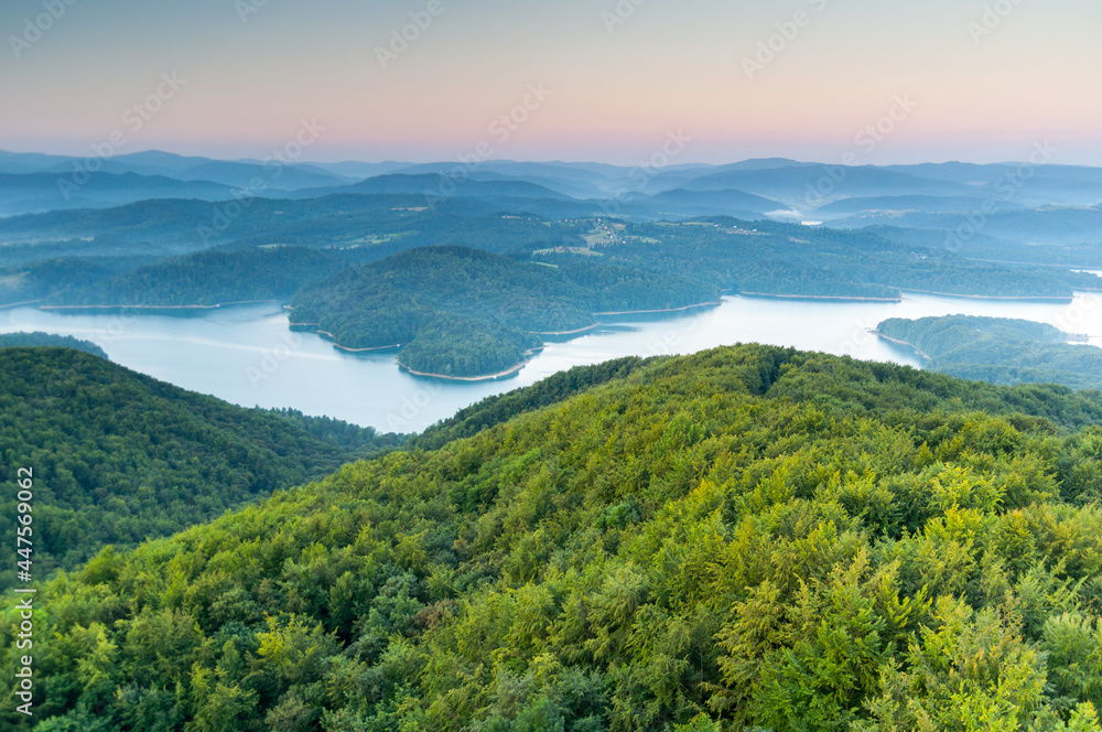 Lake Solina at sunrise, Solina, Polańczyk, Bieszczady, sunrise Stock ...