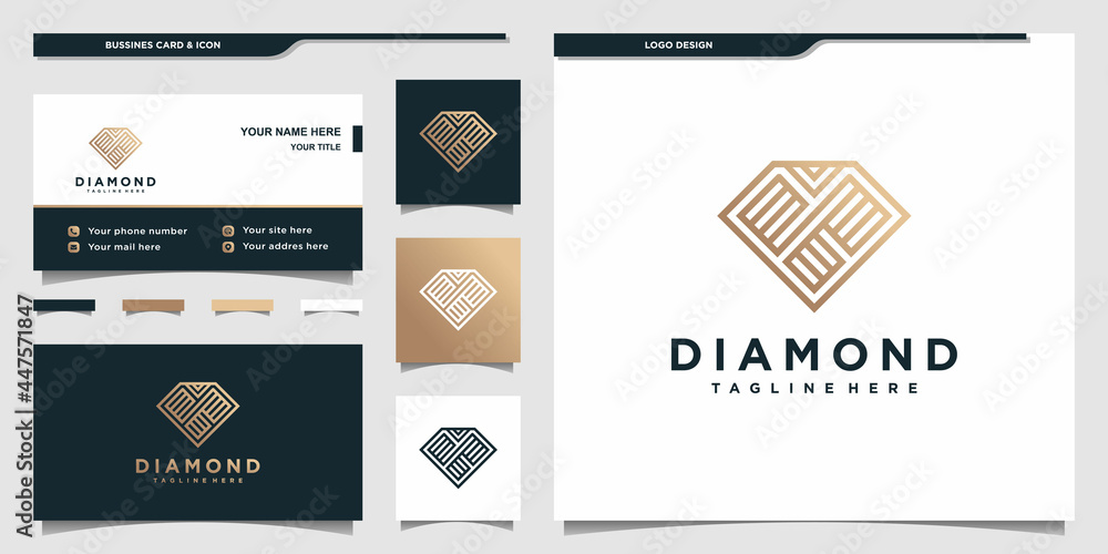 Diamond logo with unique line art style and business card design ...