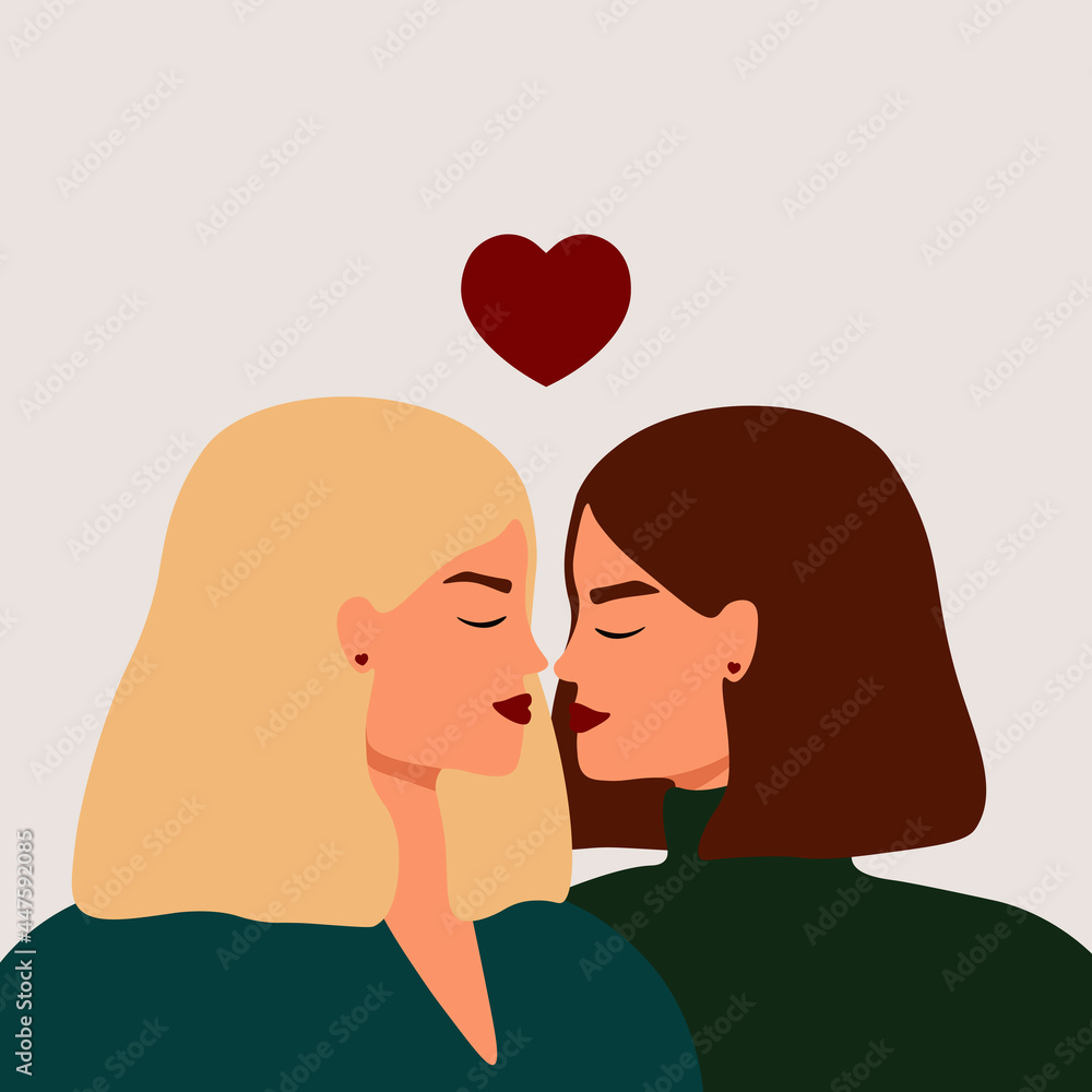 Two Beautiful Girls Kiss Flat Design Lesbian Kiss Love Heart Lgbt