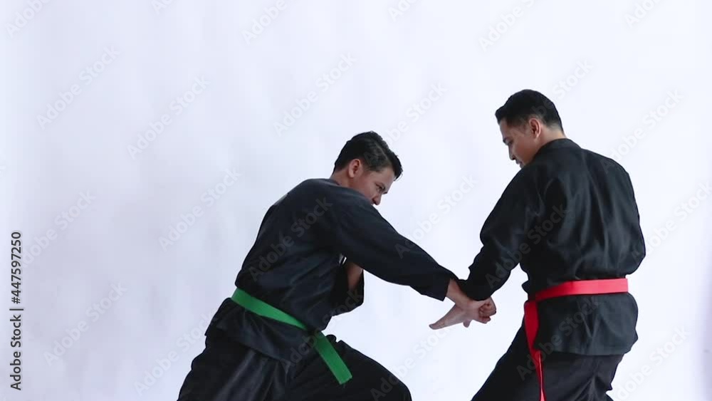 two Asian men wearing pencak silat uniforms fight with punching and ...