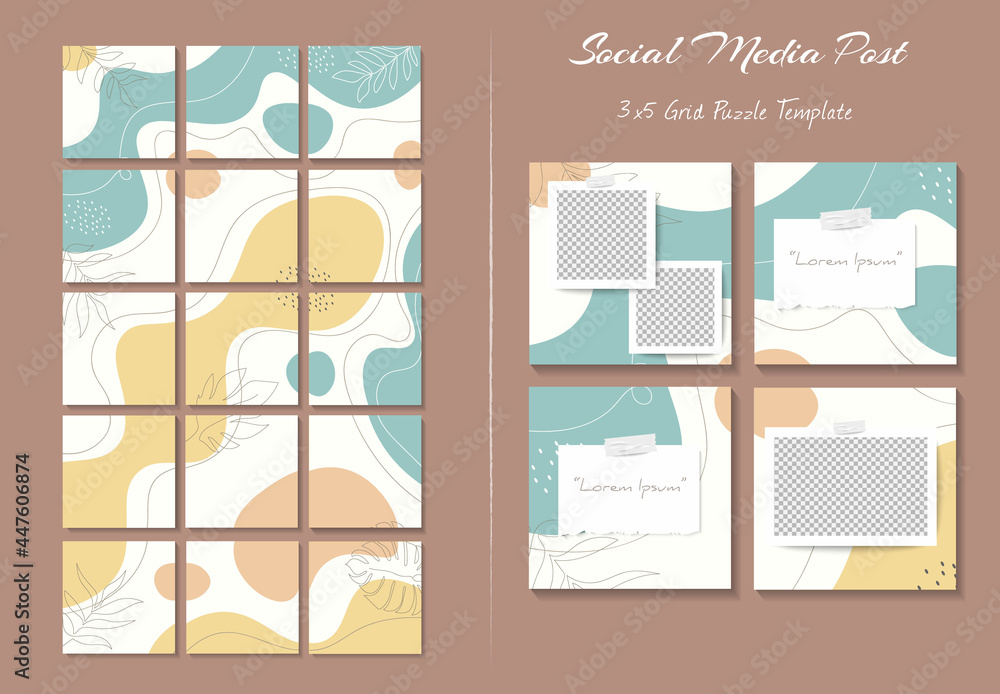 Social media feed post template in grid puzzle style with organic shape ...