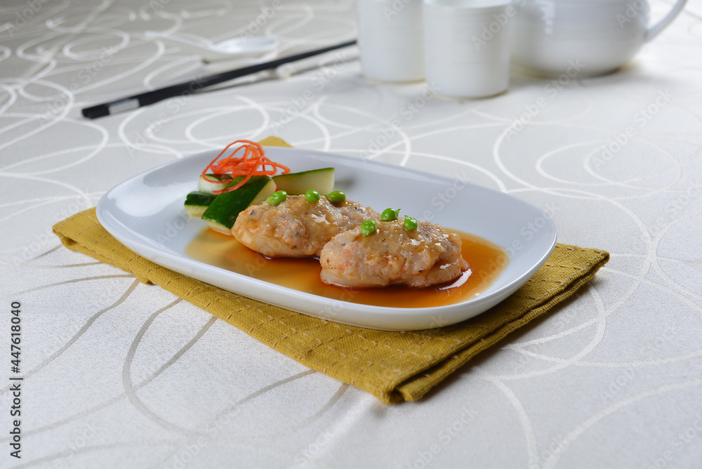 braised cook scallop with cuttlefish prawn paste ball seafood in oyster ...