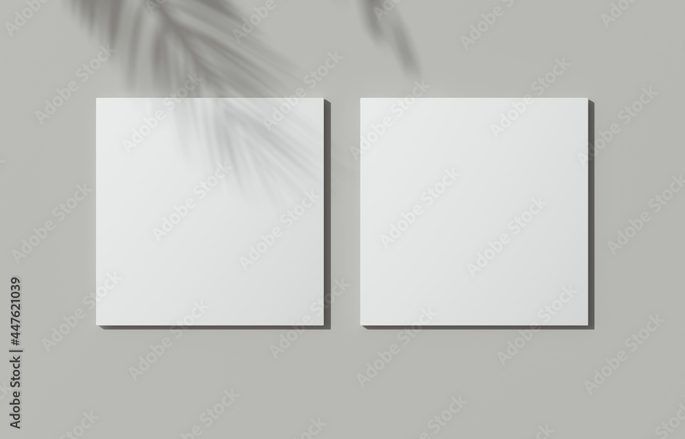Two white squares on white wall. 3D render. White square mock up. Empty ...