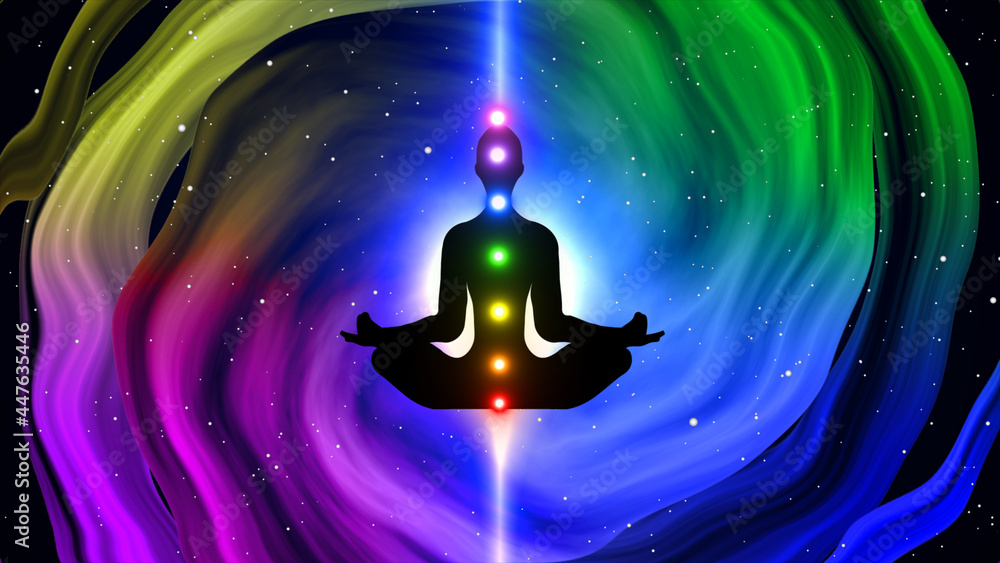 Silhouette of a seven chakra meditation person on a spiral background ...