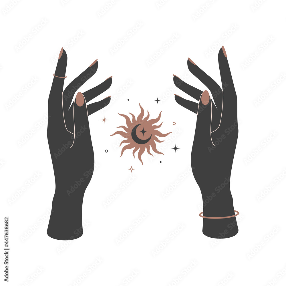 Mystical shining sun and crescent between woman hands in vintage style ...