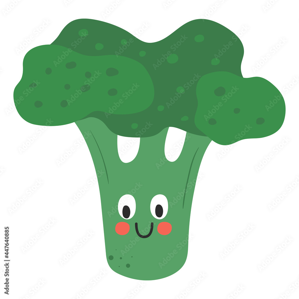 Cute and funny cartoon broccoli with face expression. Healthy food ...