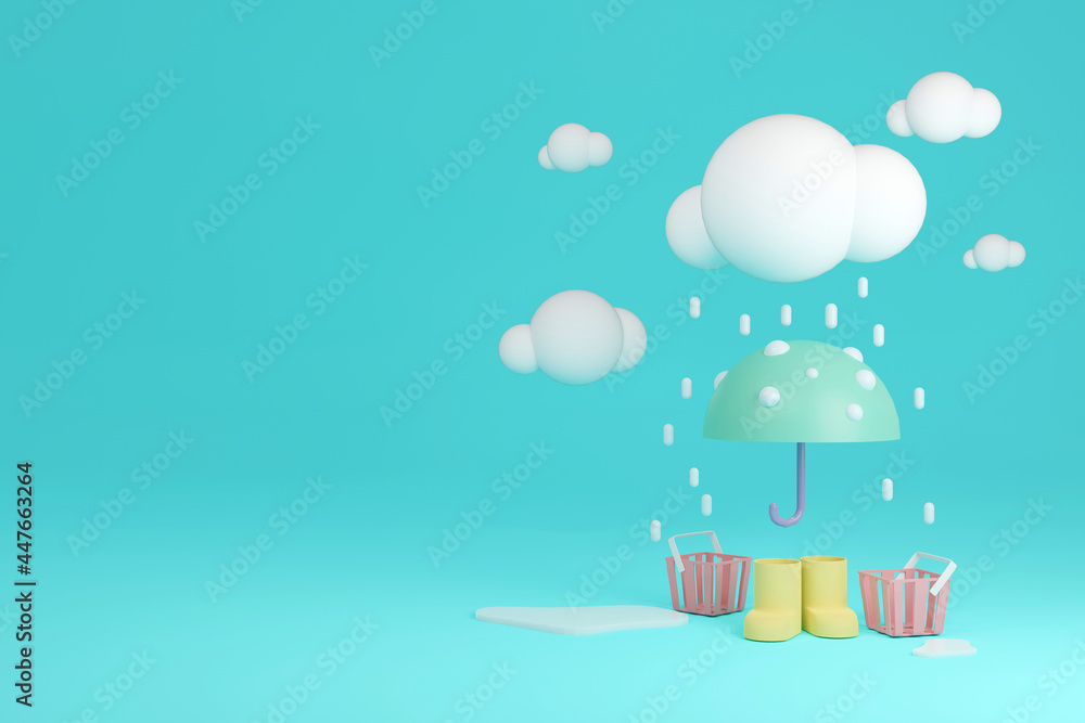 3D Rendering concept of rainy season, shopping. Rain boots with ...