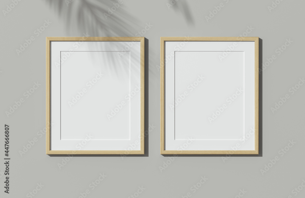 ภาพประกอบสต็อก Two wooden frames on white wall. 3D render wooden frame mock up. Empty interior ...