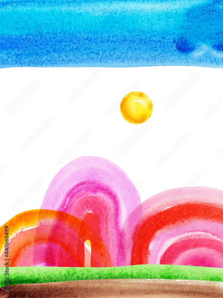 Watercolor hand drawn naive kids drawing with rainbows, sun, sky, grass ...