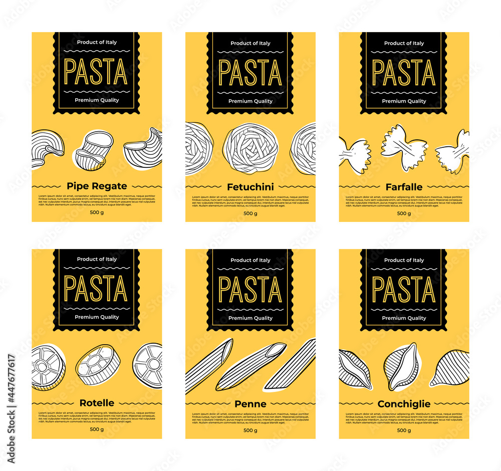 Set of labels design for packaging of pasta. Different Pasta types for ...