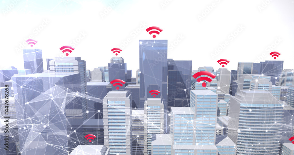 Image of red wifi symbols and network of connections of modern ...