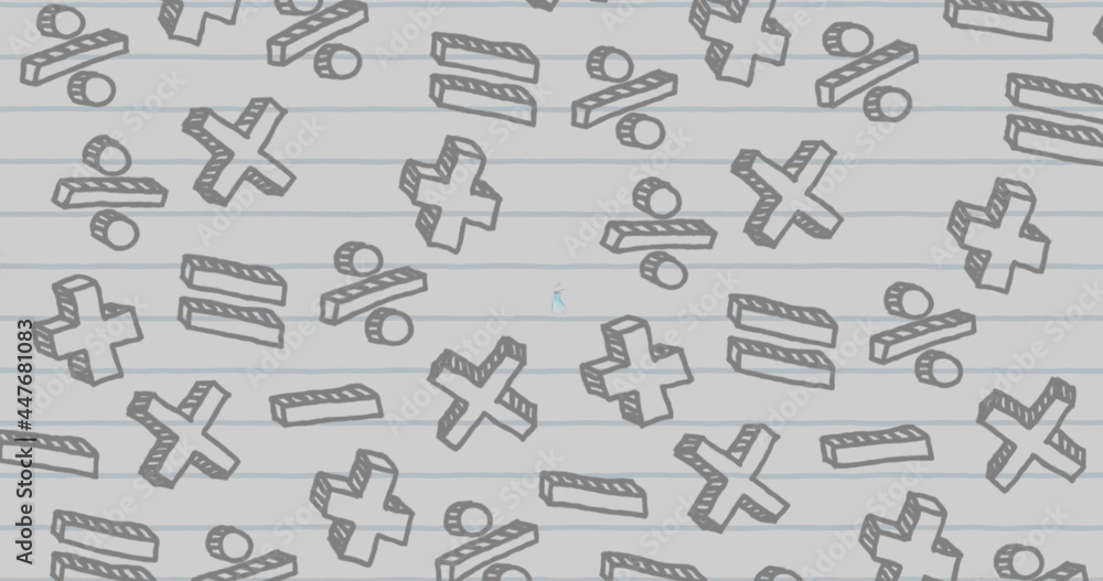 Laboratory beakers icon against mathematical symbols on white lined ...