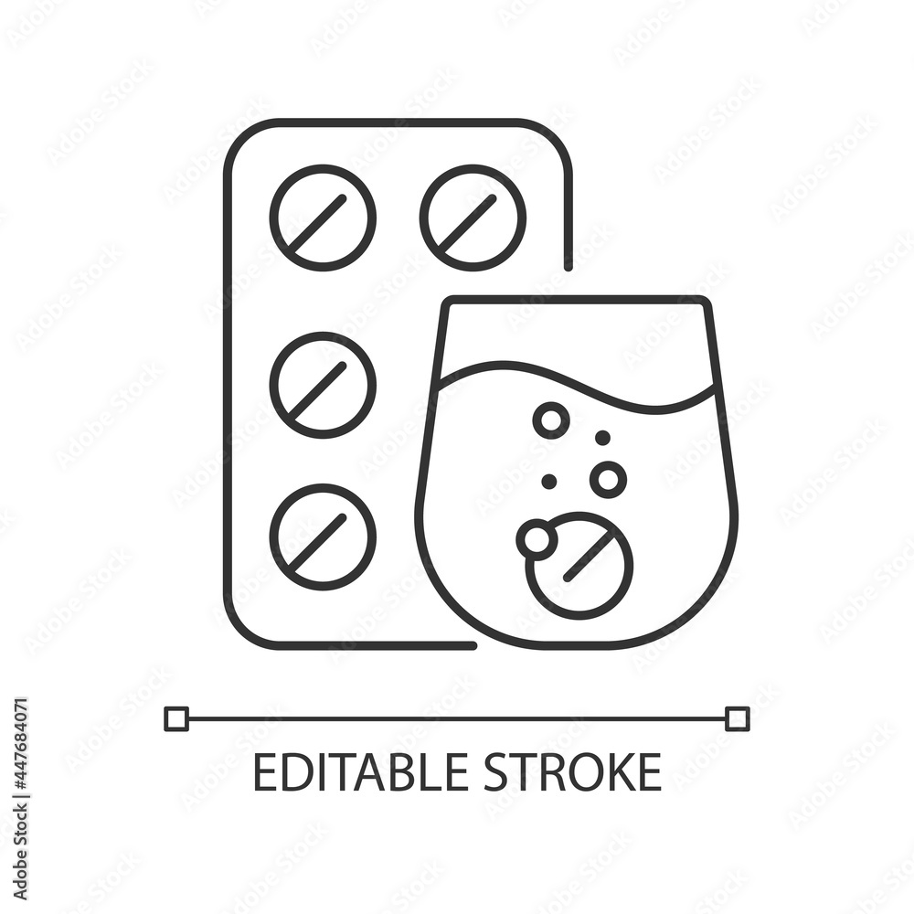Effervescent tablet for cold relief linear icon. Cough medication ...