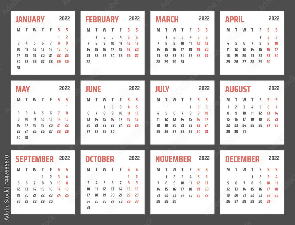 2022 year calendar, calendar design for 2022 starts monday Stock Vector ...