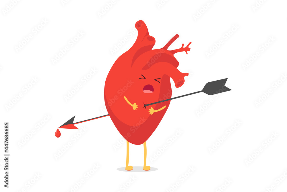 Cute cartoon heart character pierced being shot by arrow emoji sad ...