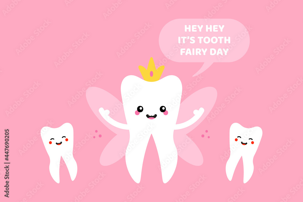 National Tooth Fairy Day vector cartoon style greeting card ...