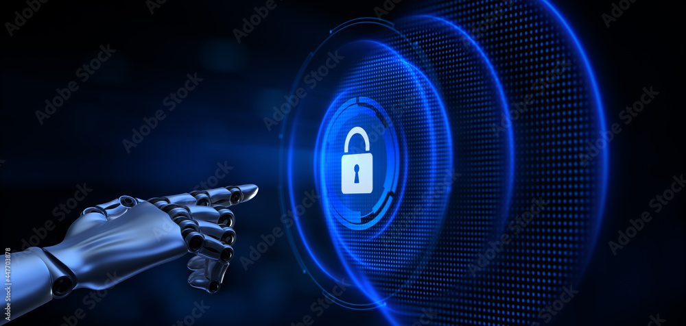 Cyber security Data protection Information privacy concept. Robot hand ...