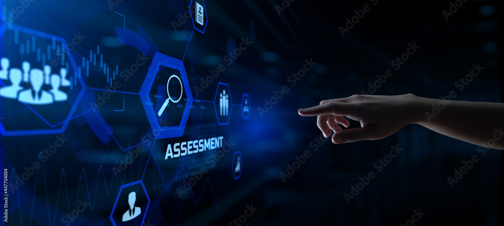 Assessment Evaluation Business Technology concept. Hand pressing button ...