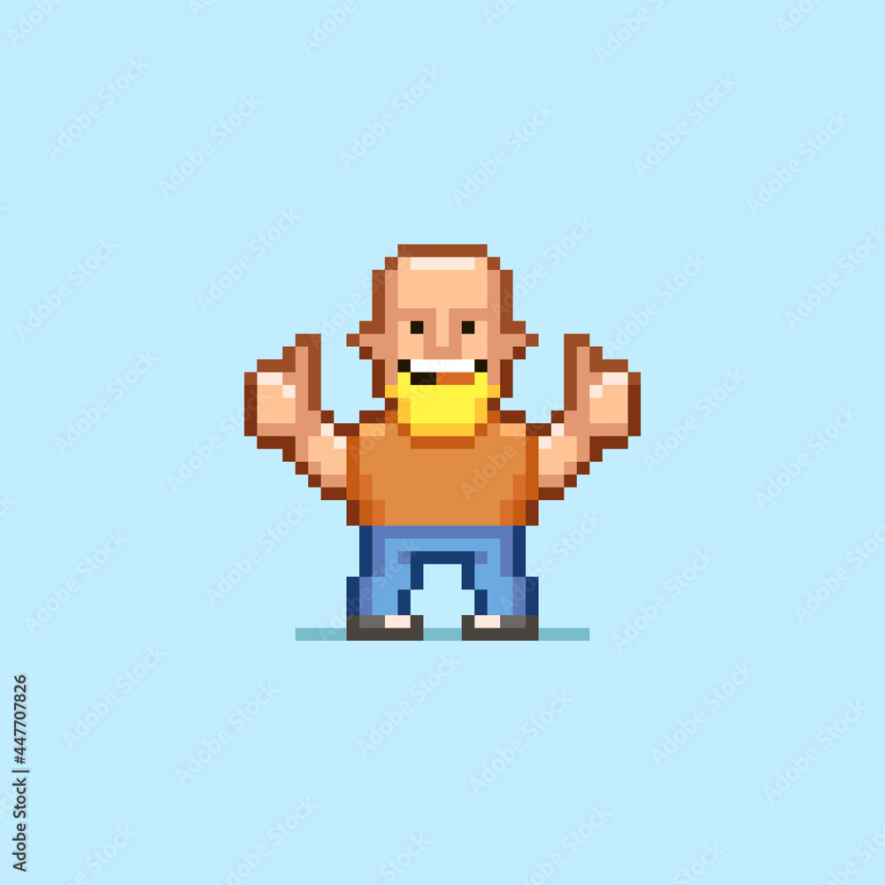 colorful simple flat pixel art illustration of cartoon bald smiling man ...