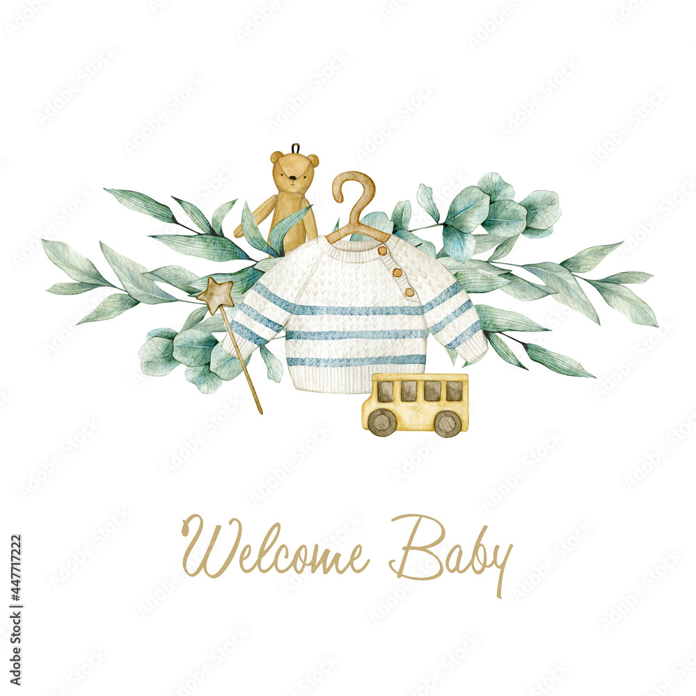 Watercolor illustration card welcome baby with eucalyptus bouquet, baby ...