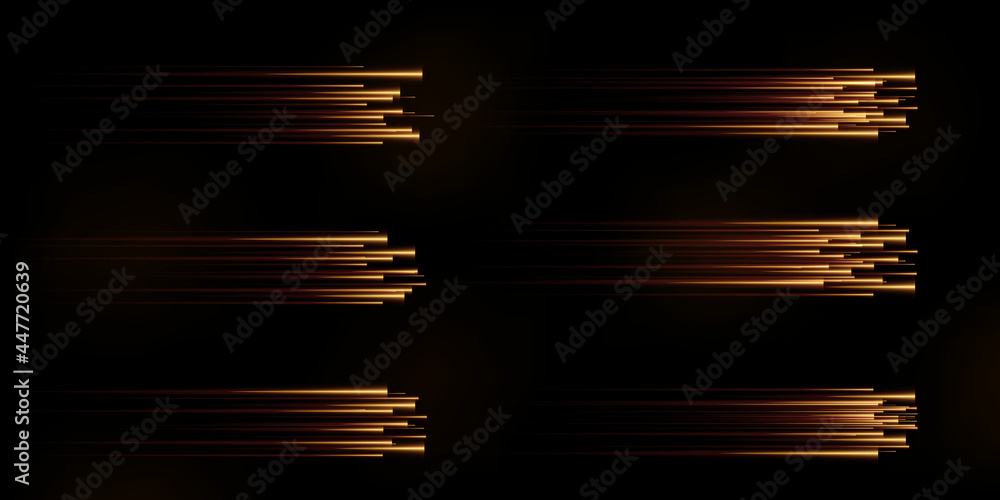 Collection of gold speed lines isolated. Gold light, electric light ...