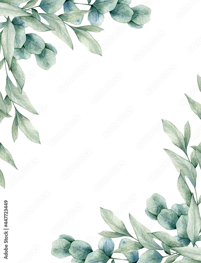 Watercolor illustration frame with leaves of eucalyptus. Hand drawn ...
