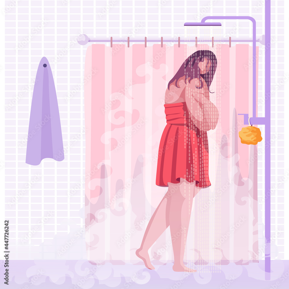 Young unhappy woman standing in the shower and crying wearing a dress ...