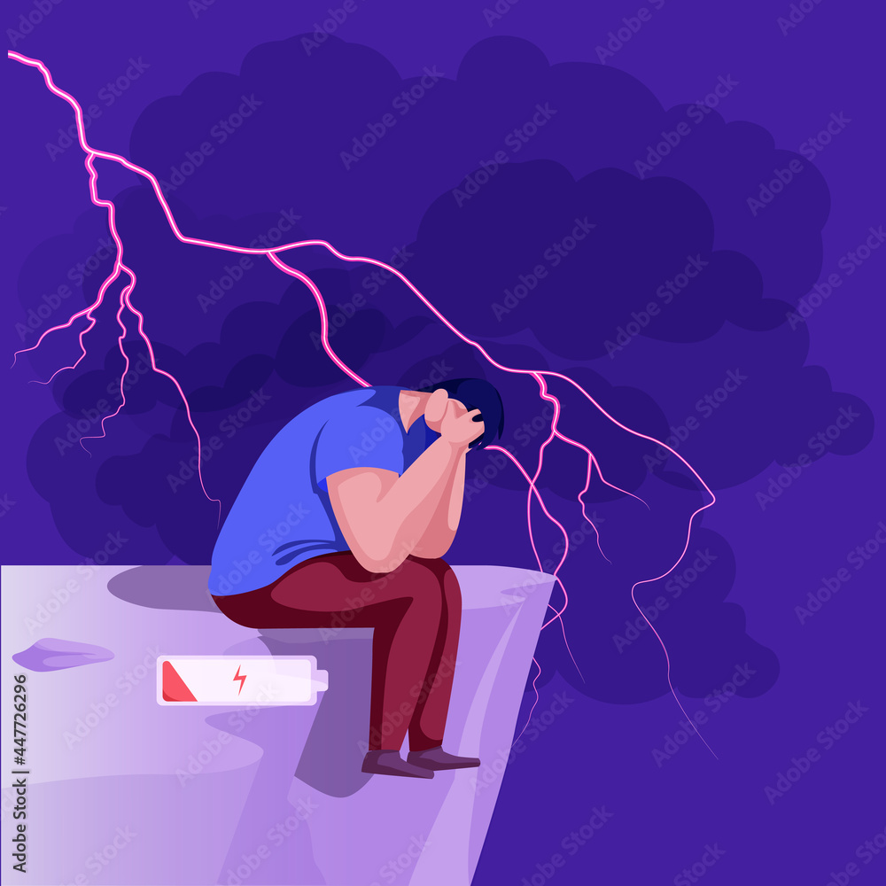 Despaired sad man sitting alone on edge of cliff. Exhausted and tired ...