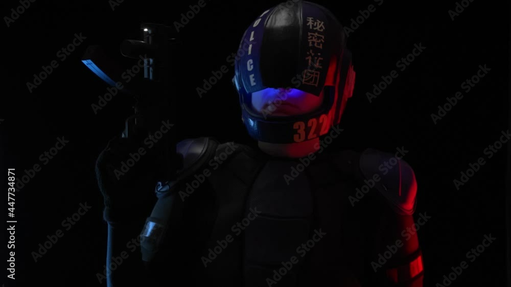 Cyberpunk concept, future world. Police officer cop, halfman bionic ...