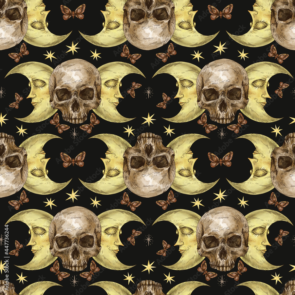 Mystic skull vintage seamless pattern with moon face, moth death ...