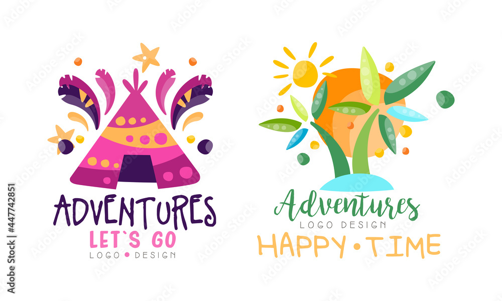 Adventures Happy Time Logo Design Set, Let Go Hand Drawn Labels Badges ...