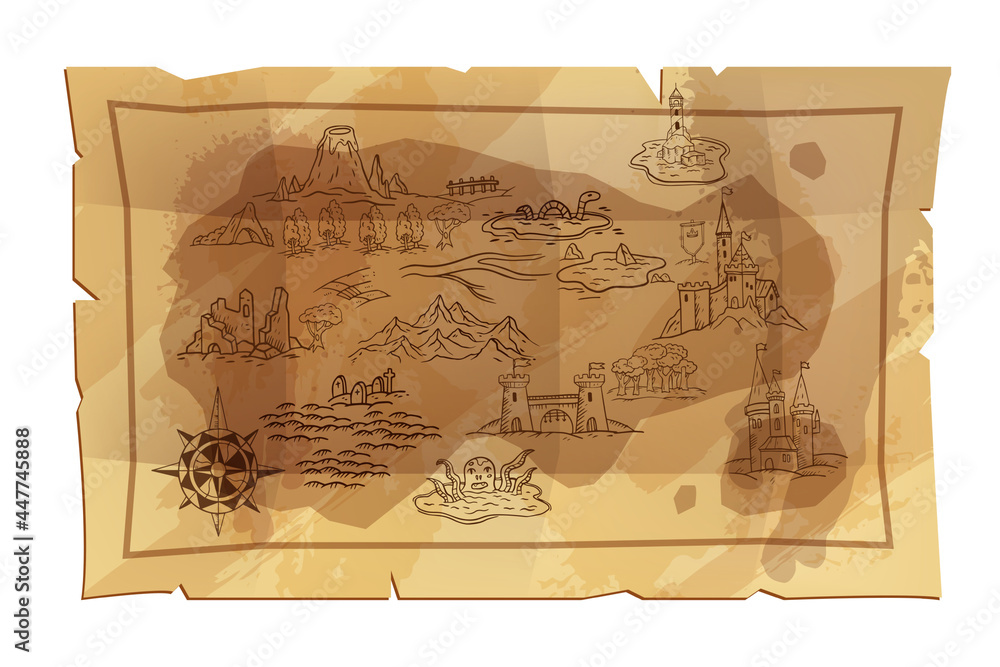 Fantasy old map vector illustration, travel cartography antique paper ...